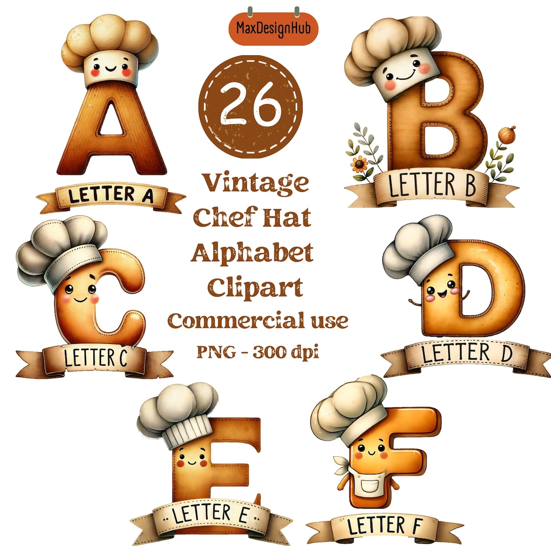 Vintage Chef Hat Alphabet Clipart: Watercolor PNG (digital Download) - Etsy