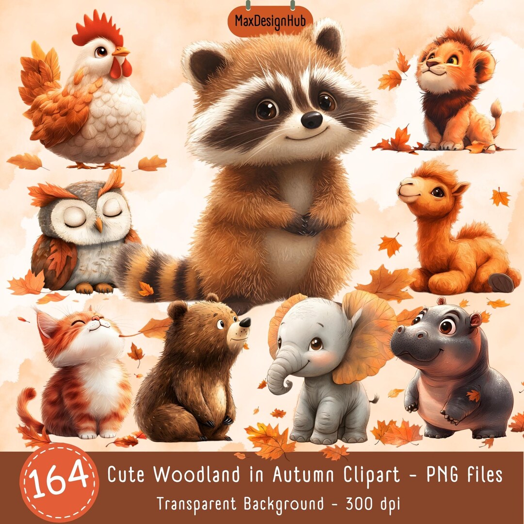 Cute Woodland in Autumn, Fall Woodland Animal, Bear, Deer, Fox, Raccoon ...