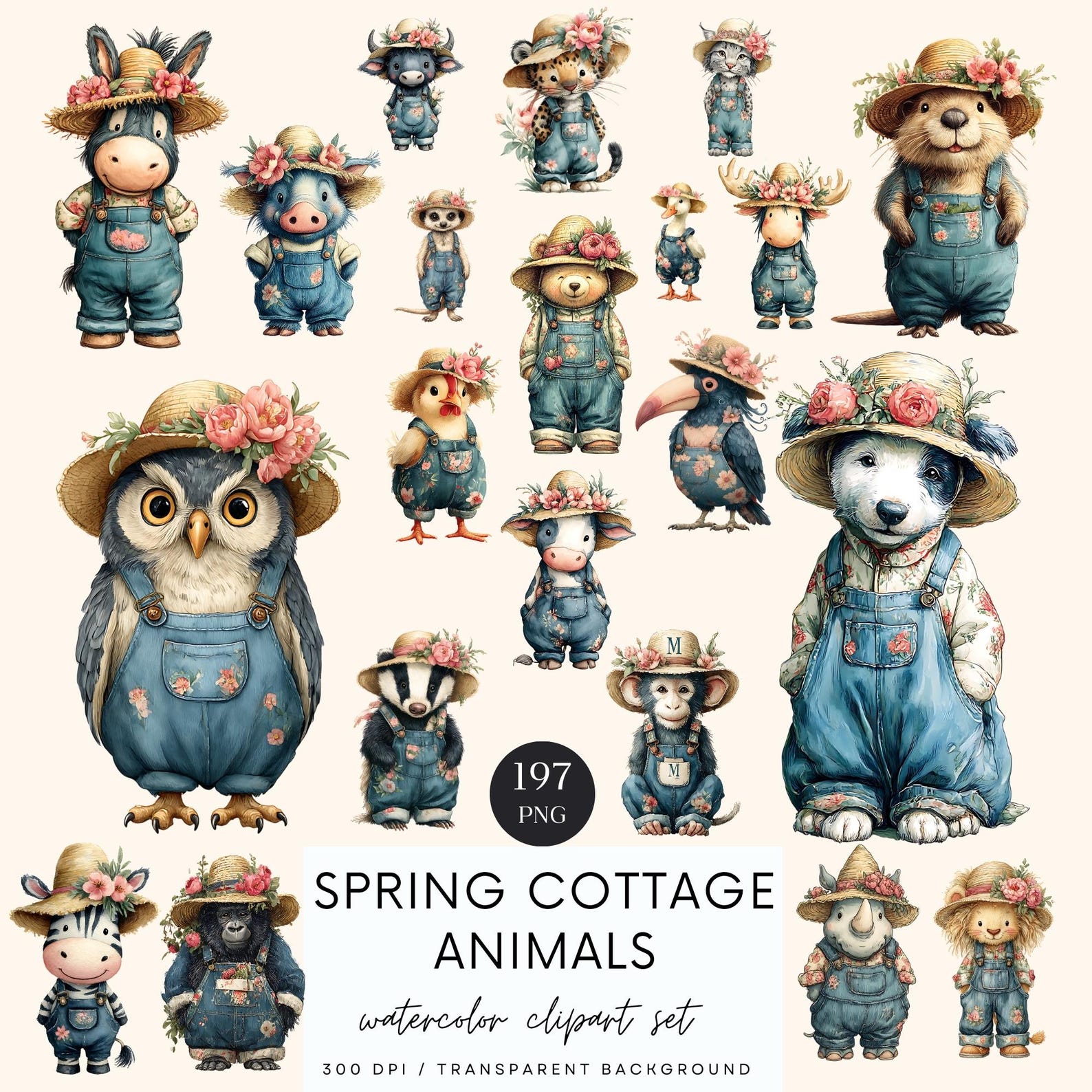 Spring Cottage Animals Clipart: Watercolor PNG Images (digital Download ...