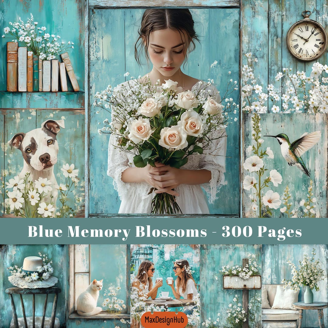 Blue Memory Blossoms Digital Paper: Shabby Chic Scrapbook (digital ...