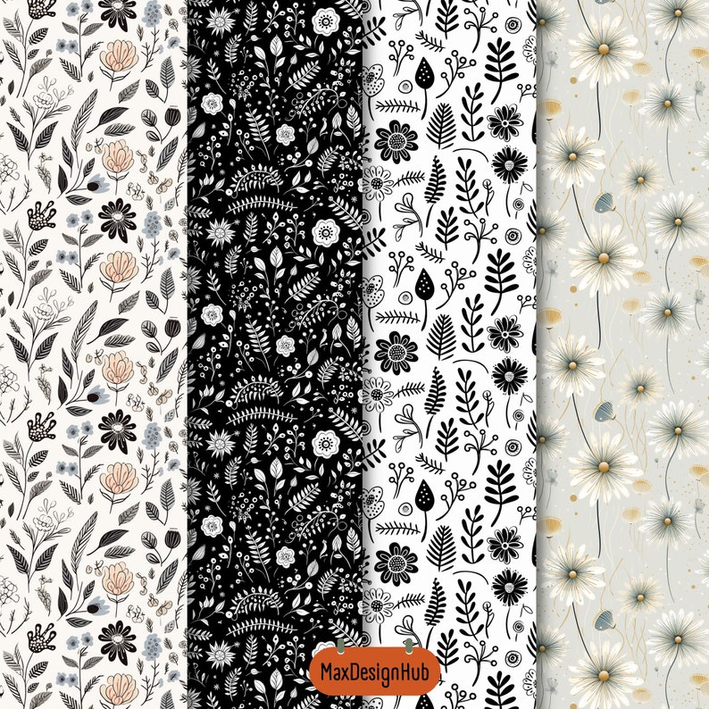 Black & White Doodle Floral Paper: Seamless Scrapbook Patterns (digital ...