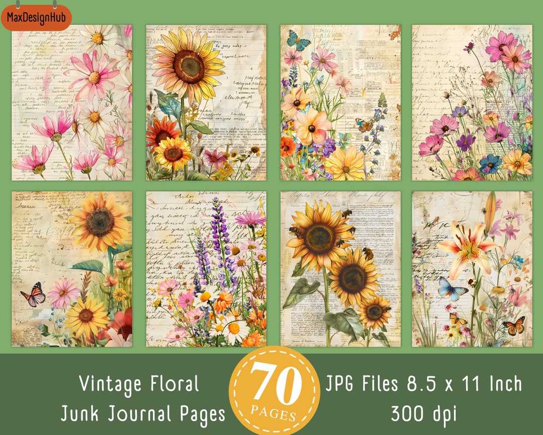 70 Vintage Floral Junk Journal Pages: Botanical Collage (digital ...