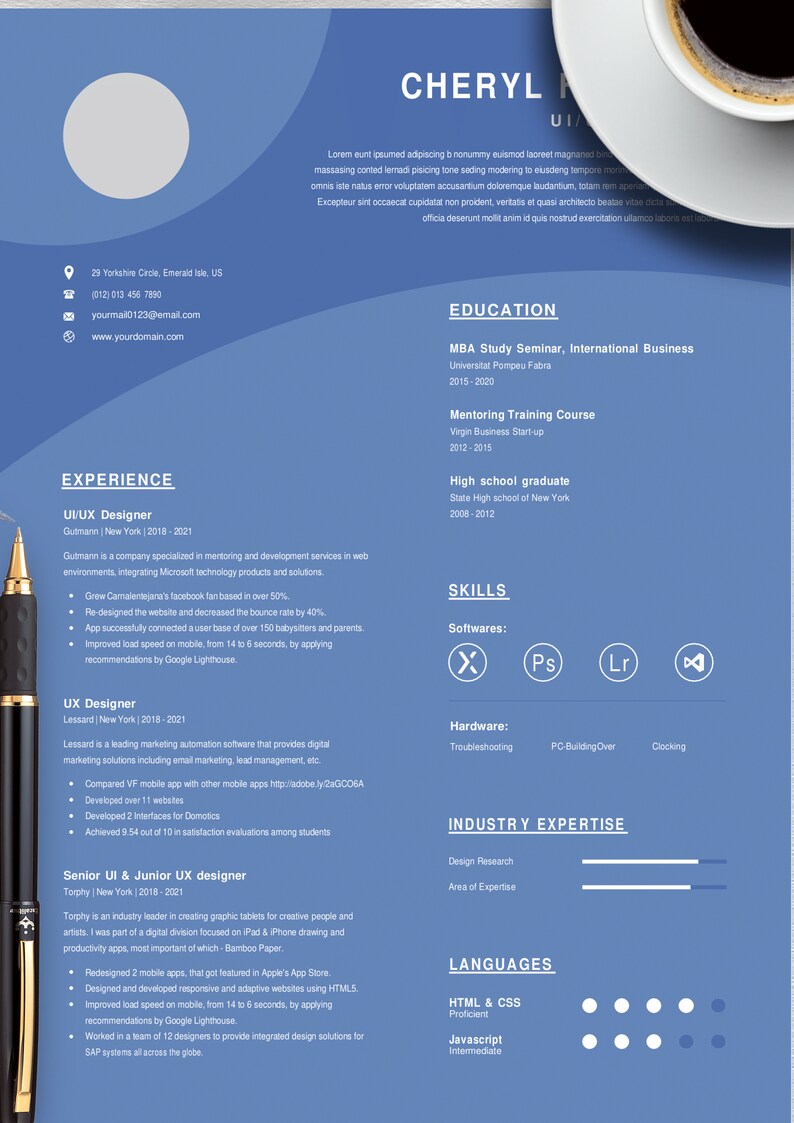 Blue CV Resume Cover Letter Template Professional & Stylish Design ...