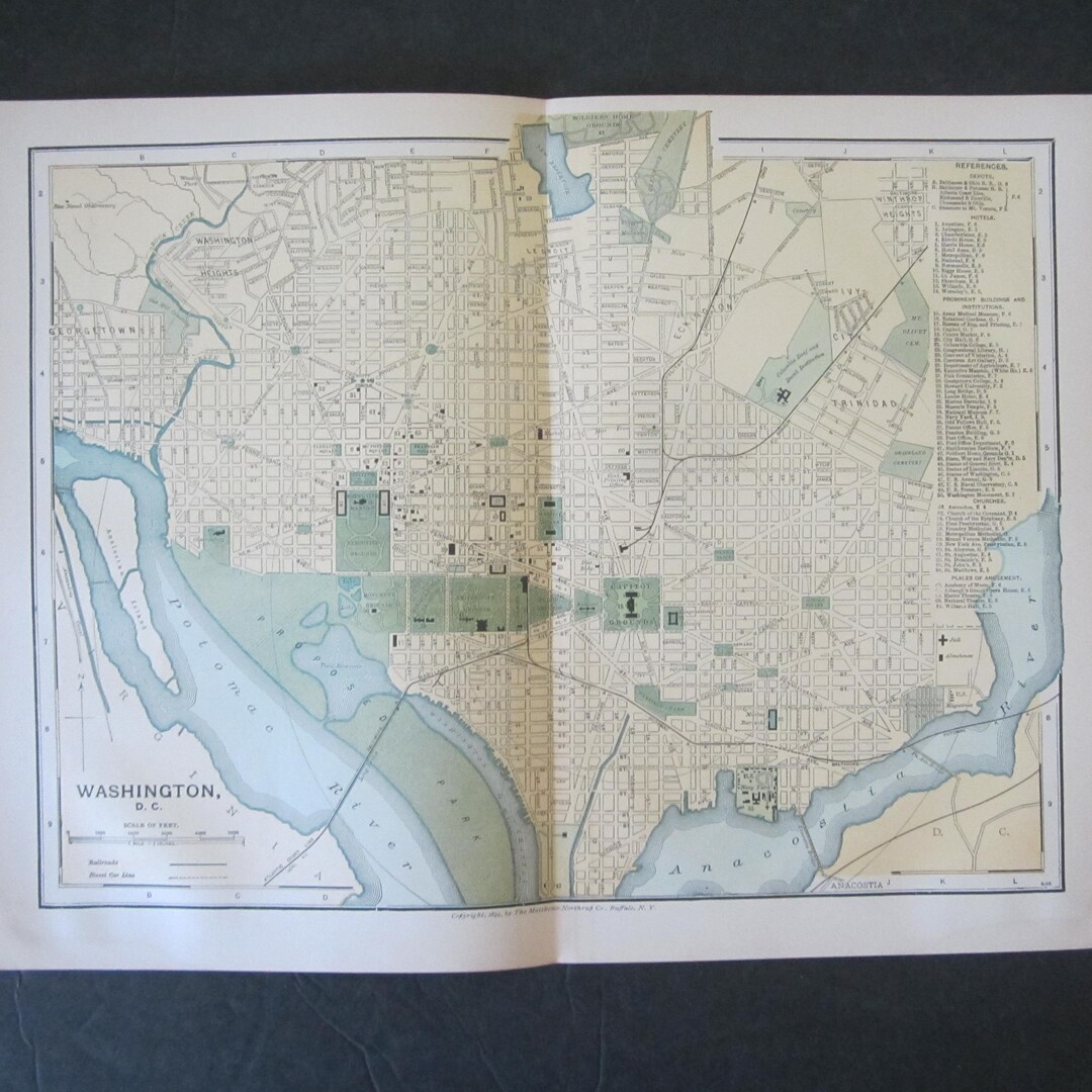 1894 Antique Street Map of WASHINGTON DC Historical Print Lithograph US ...