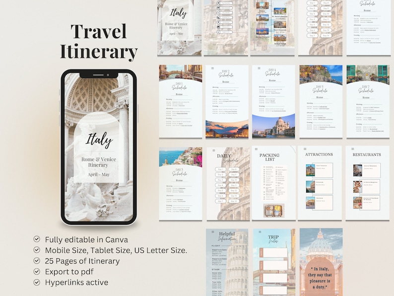 Italy Travel Itinerary Template, Printable Travel Guide, Trip Planner ...