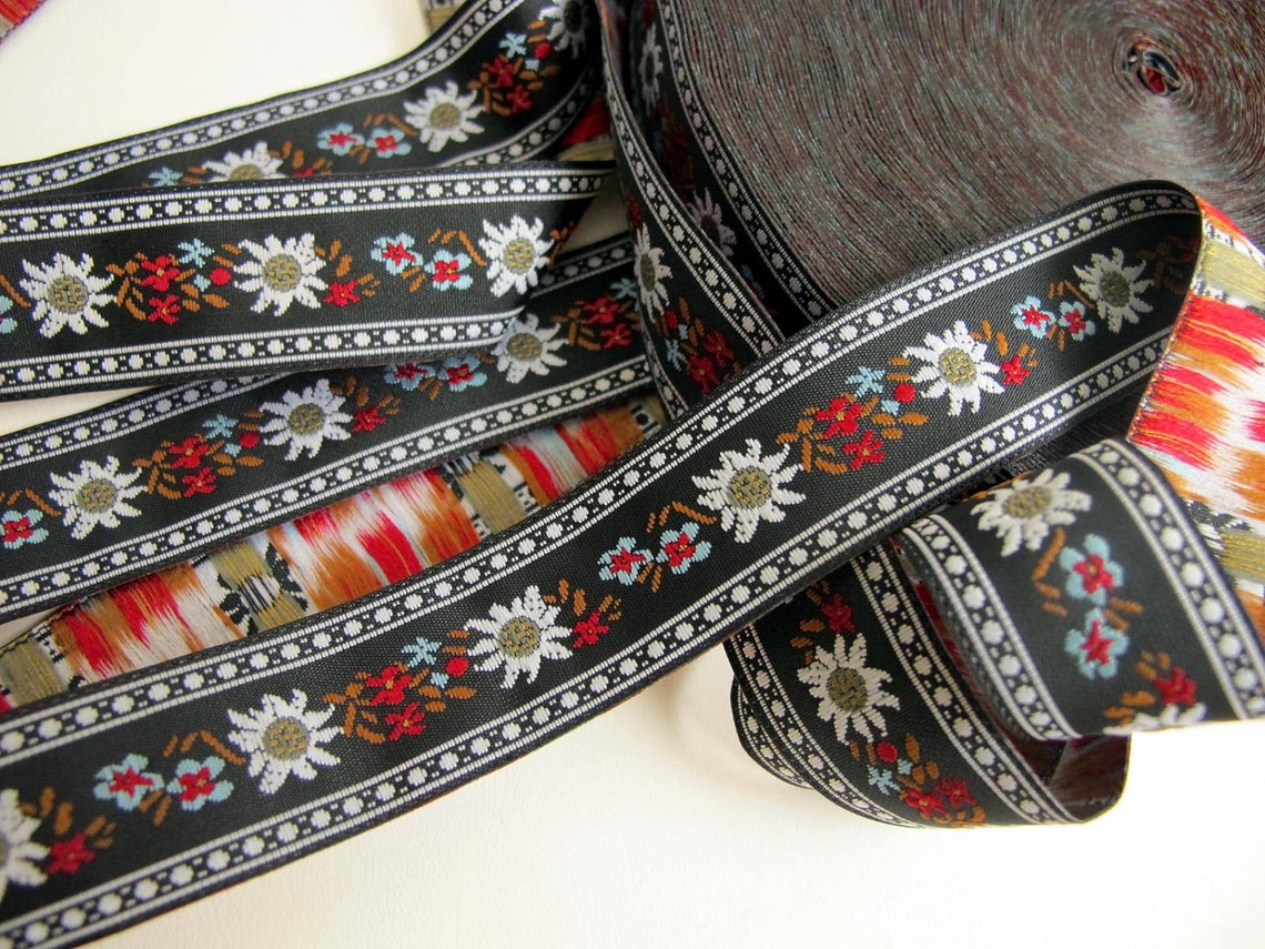 EDELWEISS and ENZIAN Fabric Jacquard Trim off White, Red, Light Blue ...