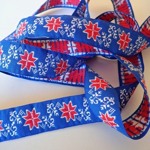 SCANDINAVIAN SNOWFLAKES Jacquard Trim in Red, White on Royal Blue. 1 1/ ...