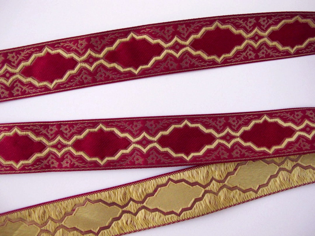 BAROCCO Medium Width Rich Jacquard Trim in Antique Gold, Mustard on Red ...
