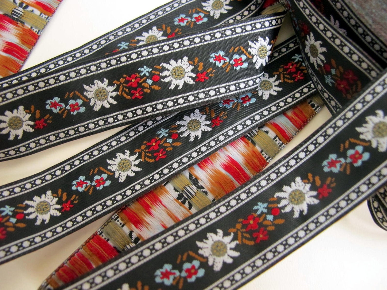 EDELWEISS and ENZIAN Fabric Jacquard Trim off White, Red, Light Blue ...