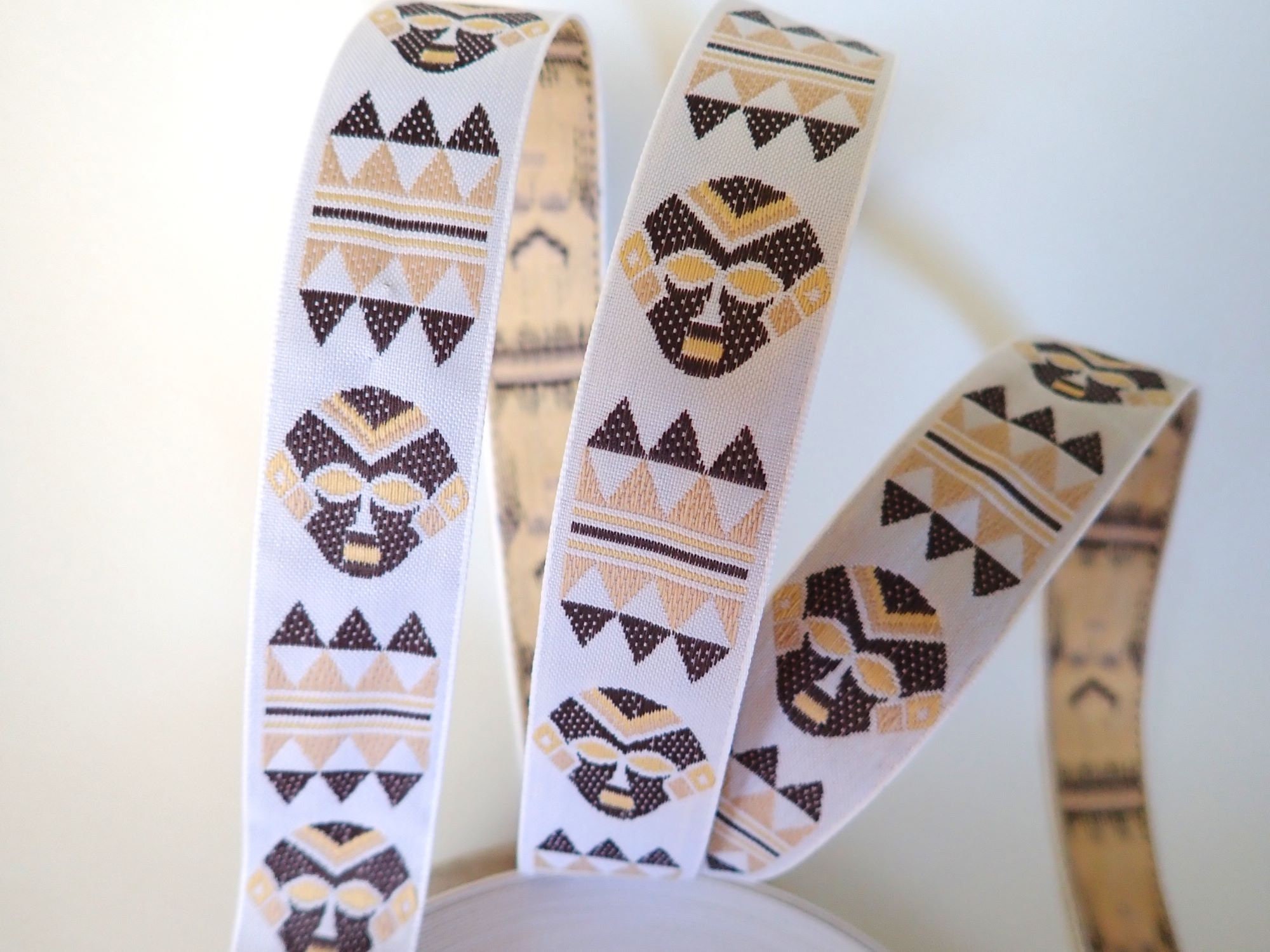 African MASKS Jacquard Trim in Black, Cream on White. Sold by the Yard ...