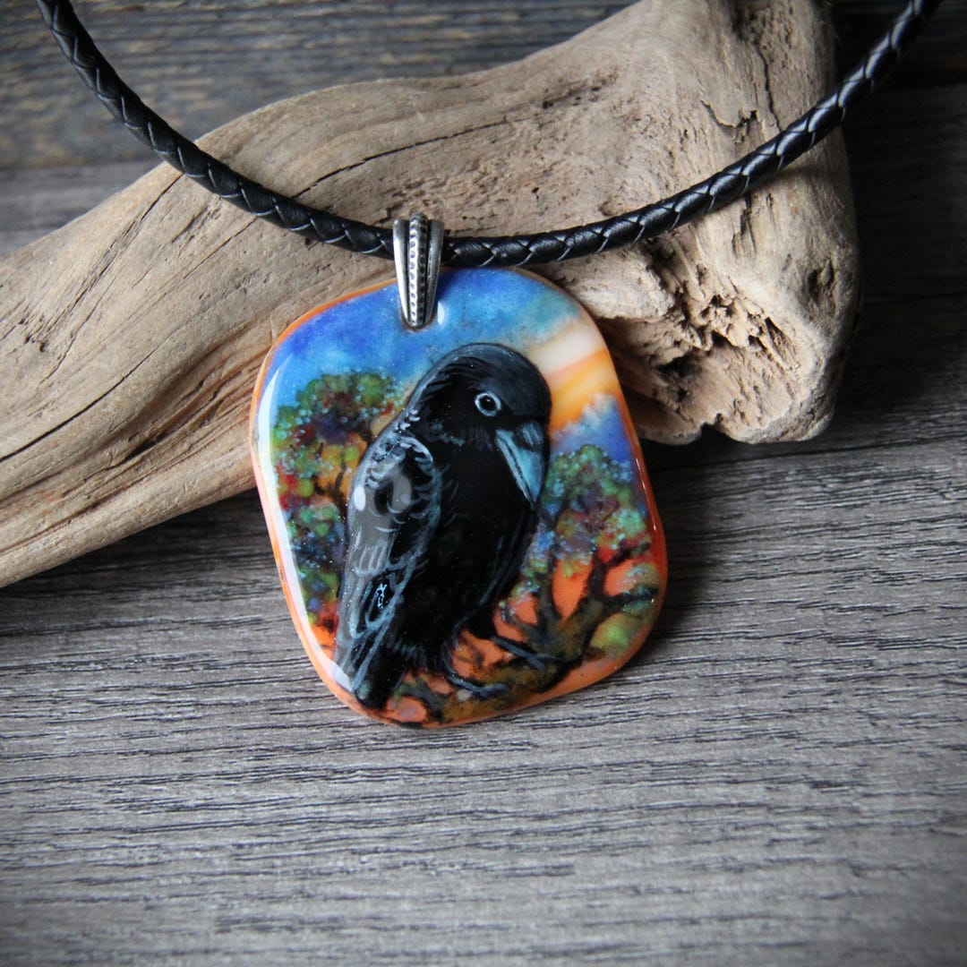 RESERVED Crow at the Sunrise , Fused Glass Pendant, Bird Jewelry by Fannyd - Etsy