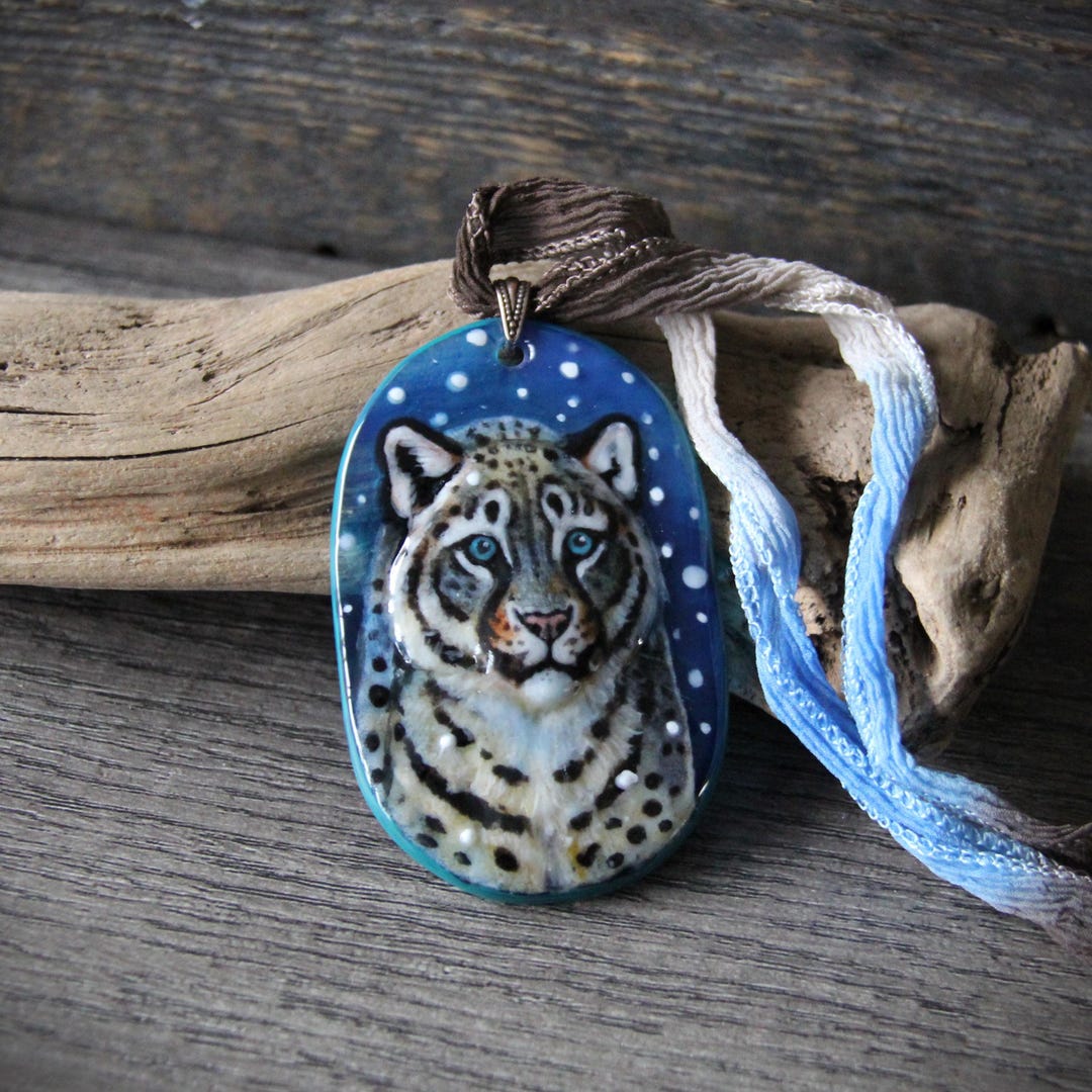 Snow Leopards Necklace Fused Glass Pendant, Snow Leopards Unique Glass ...
