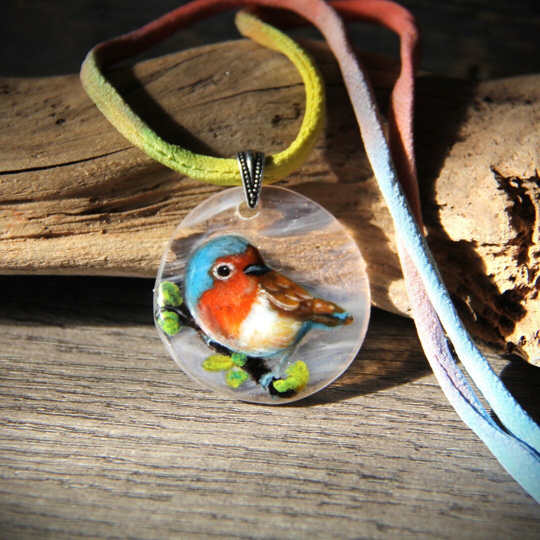 Beautiful Blue Bird Spring Necklace Robin Fused Glass Pendant Unique ...