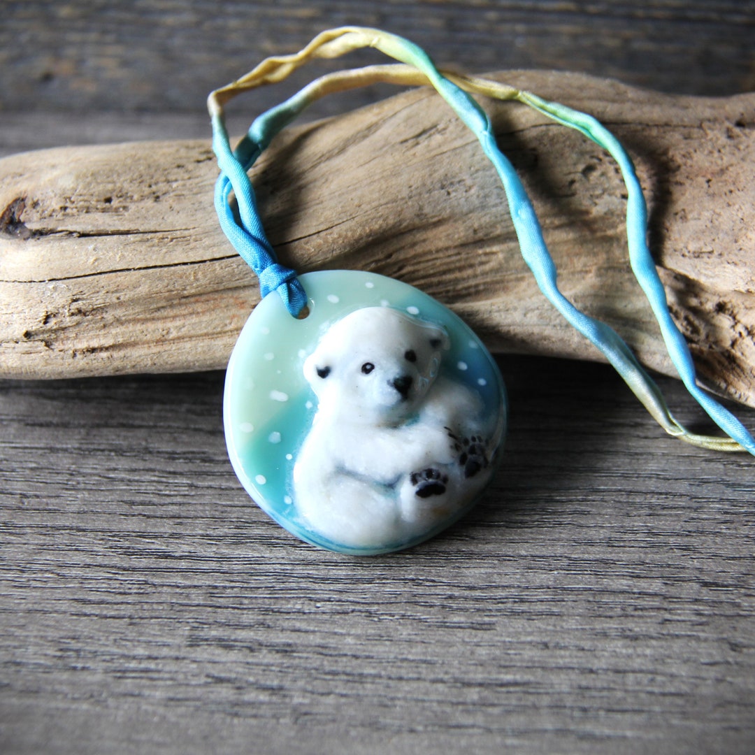 Baby Polar Bear Necklace, Baby Polar Bear in the Snow Fused Glass ...