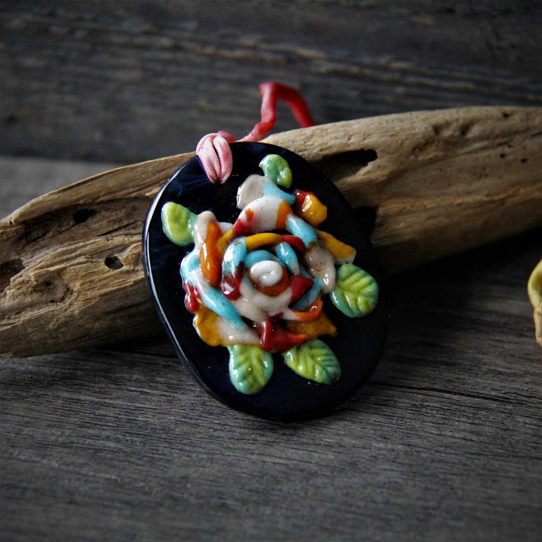 Happy Rainbow Rose Glass Necklace, Romantic Fused Glass Pendant, Unique ...