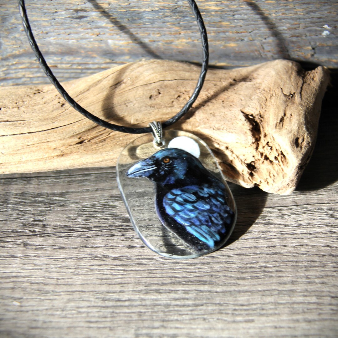 Crow , Fused Glass Pendant, Bird Jewelry by Fannyd - Etsy