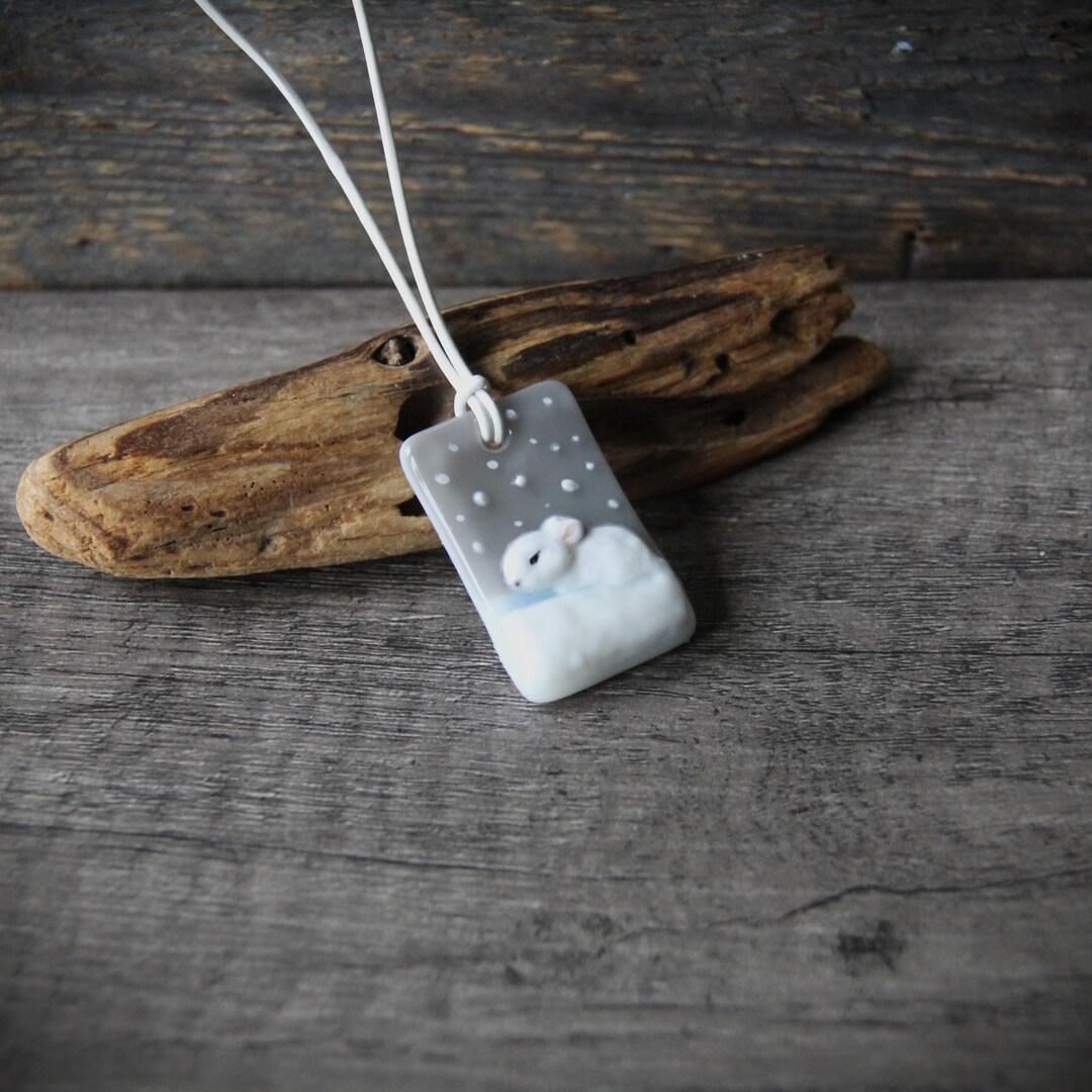 Snow Bunny Necklace, Fused Glass Pendant, Sleepy Rabbit Jewelry, White ...