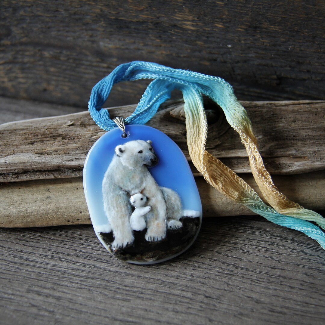 Amazing Polar Bear Mom and Baby Fused Glass Pendant Polar Bear Unique ...