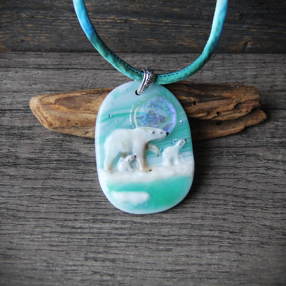 Amazing Polar Mom and Babies Fused Glass Pendant Polar Bear Unique ...