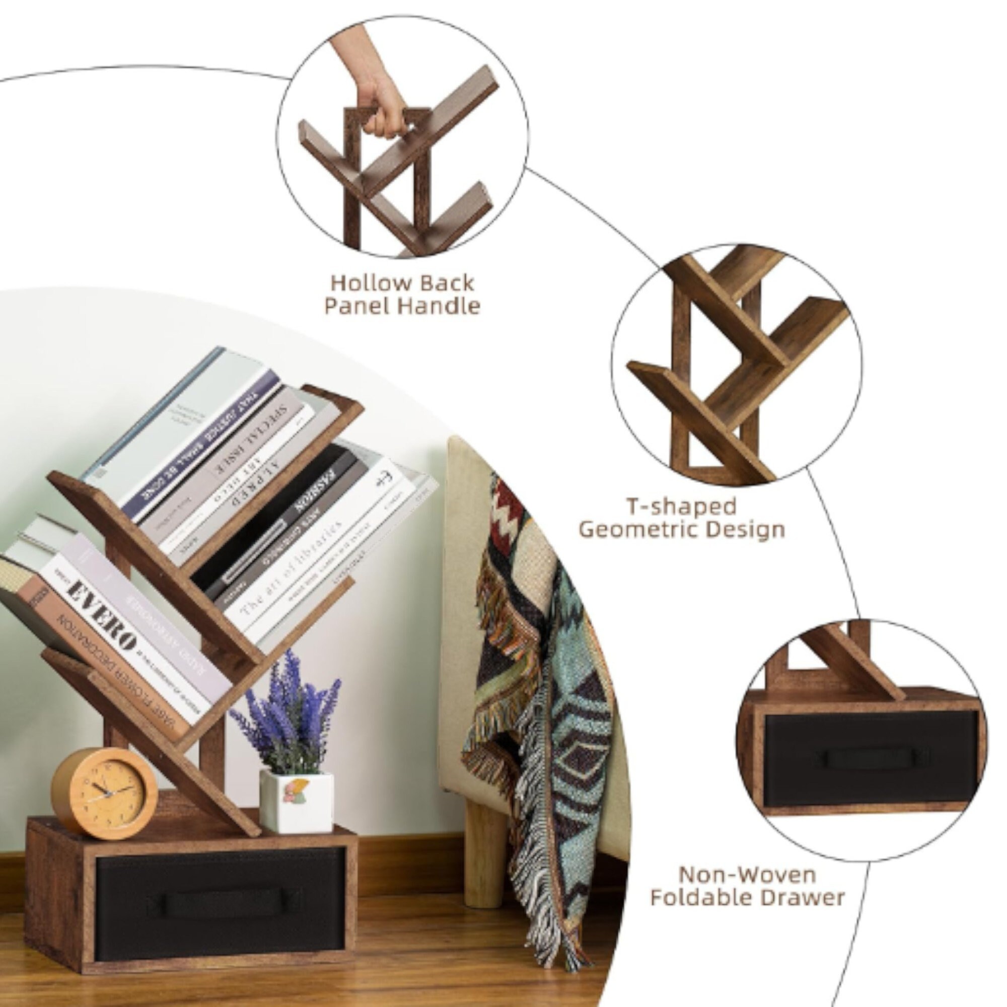 Small Bookshelf,4 Tier Tree Book Shelf, Wood Desk Bookshelves, Modern ...