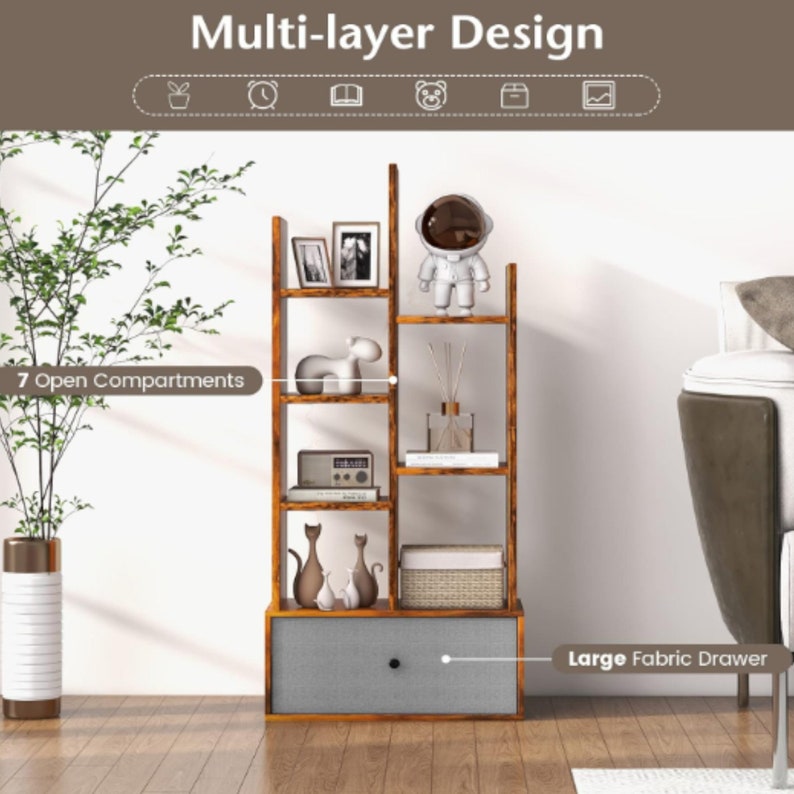 Bookshelf With Drawer, Tree-shaped Bookcase, Open Storage Shelves ...