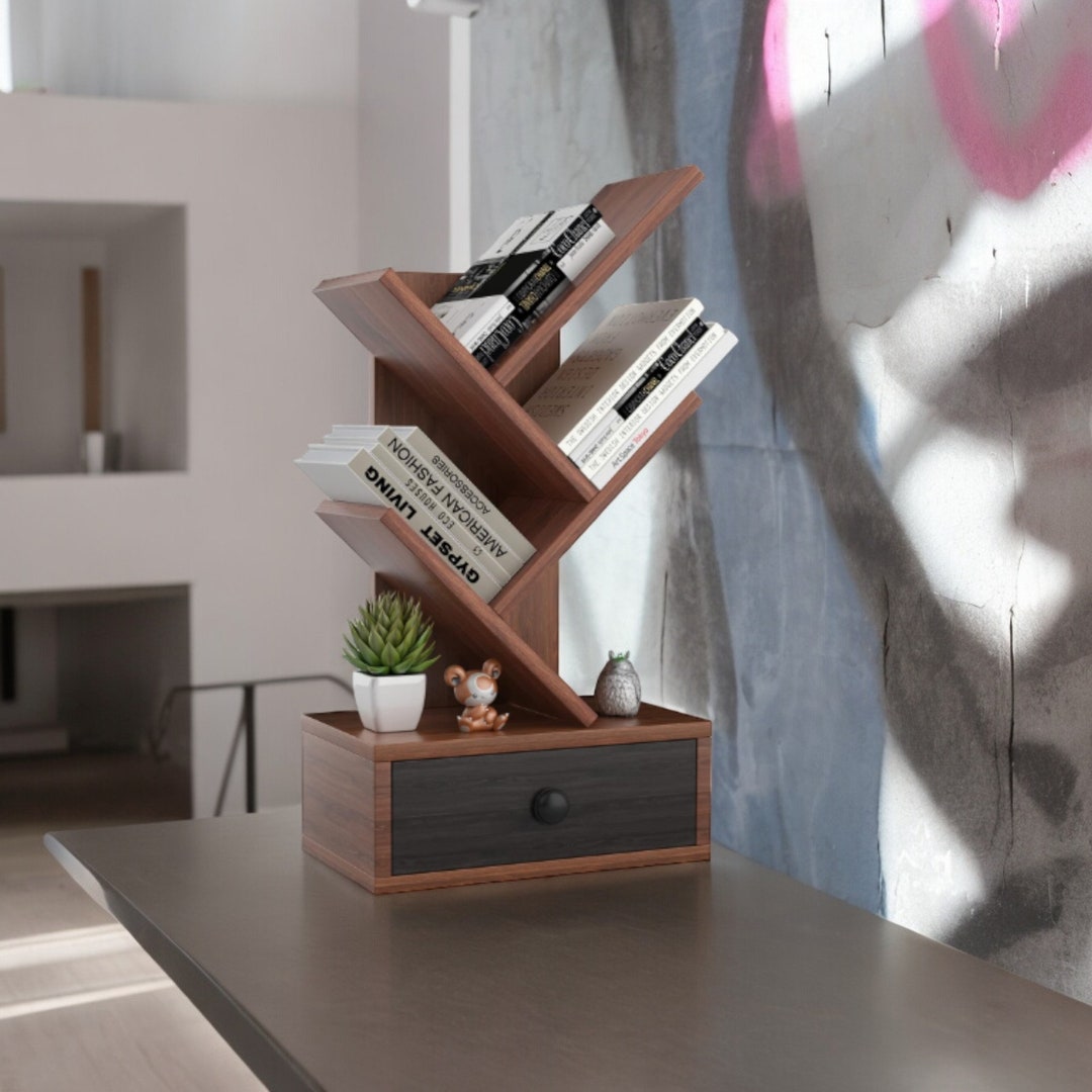 Tree Bookshelf With Drawer, Rustic Corner Bookcase, Retro Wooden Book ...