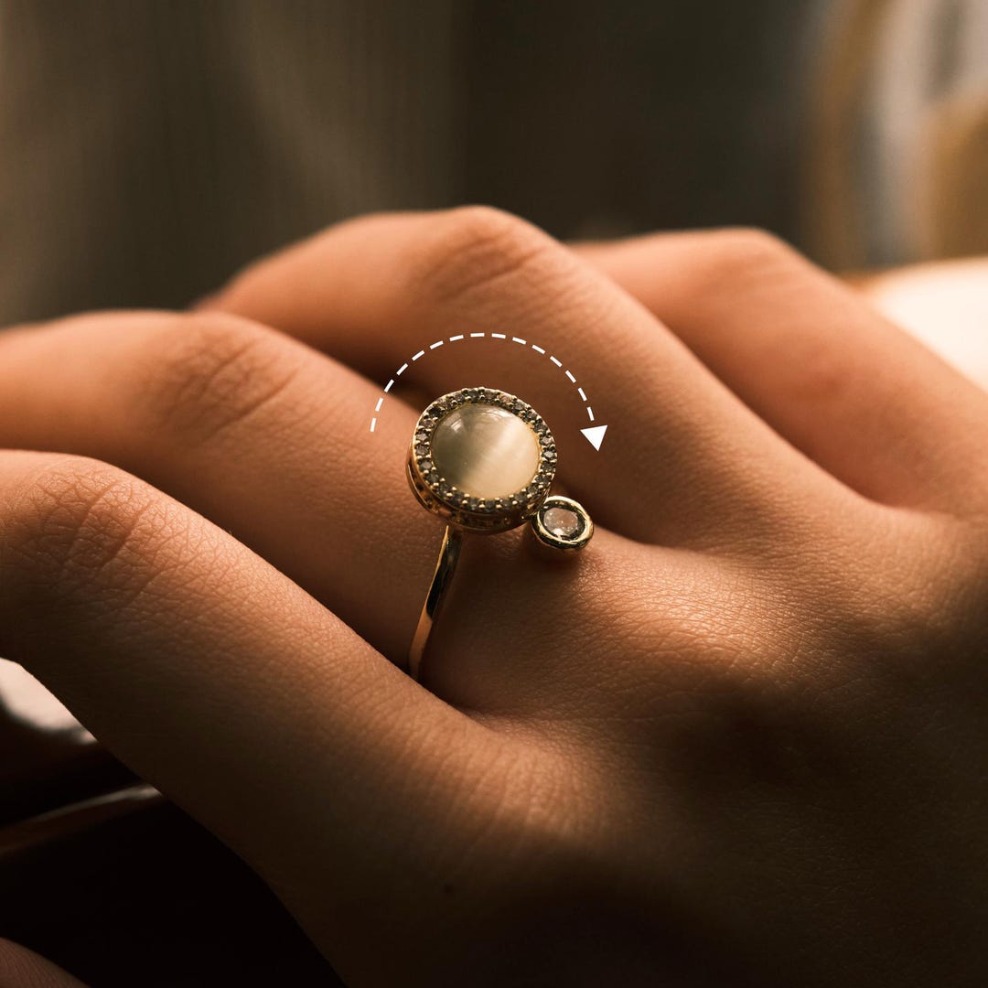 Dainty Opal Fidget Ring, Gold Fidget Ring Spinner, Adjustable Anxiety ...