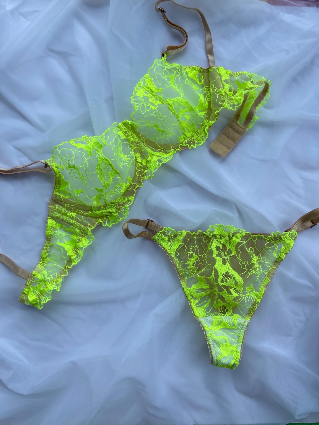 Neon Yellow Floral Embroidered Lingerie Set, Sheer Tulle Balconette Bra ...