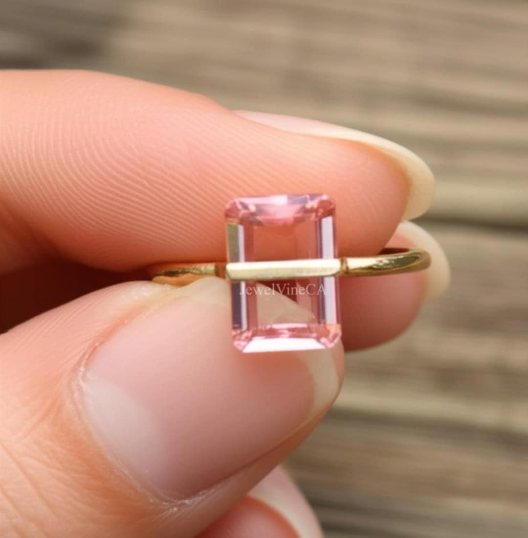 Dainty Pink Emerald Cut Ring: Horizontal Bar Setting, Gold Solitaire - Etsy
