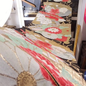 Japanese Fukuro Obi Sash Red, Gold, Black Large Floral Embroidered Obi ...
