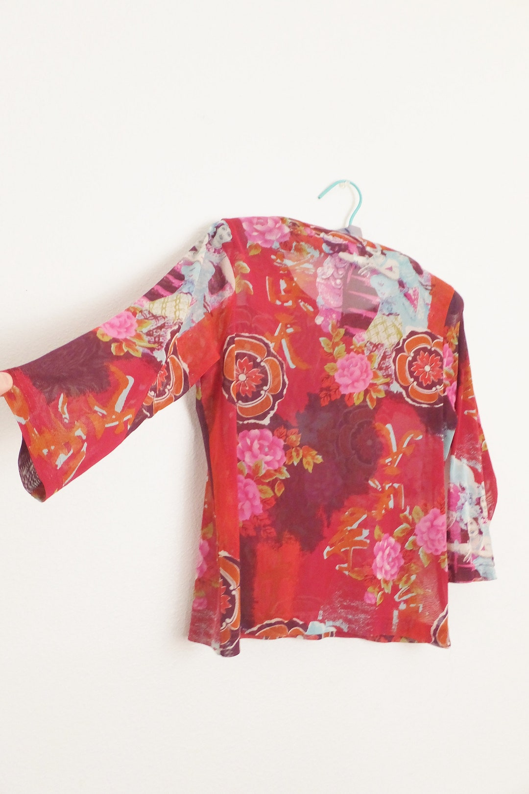 Graphic Mesh Top Vintage 1990's Aesthetic Shirt Long Sleeve Semi Sheer ...