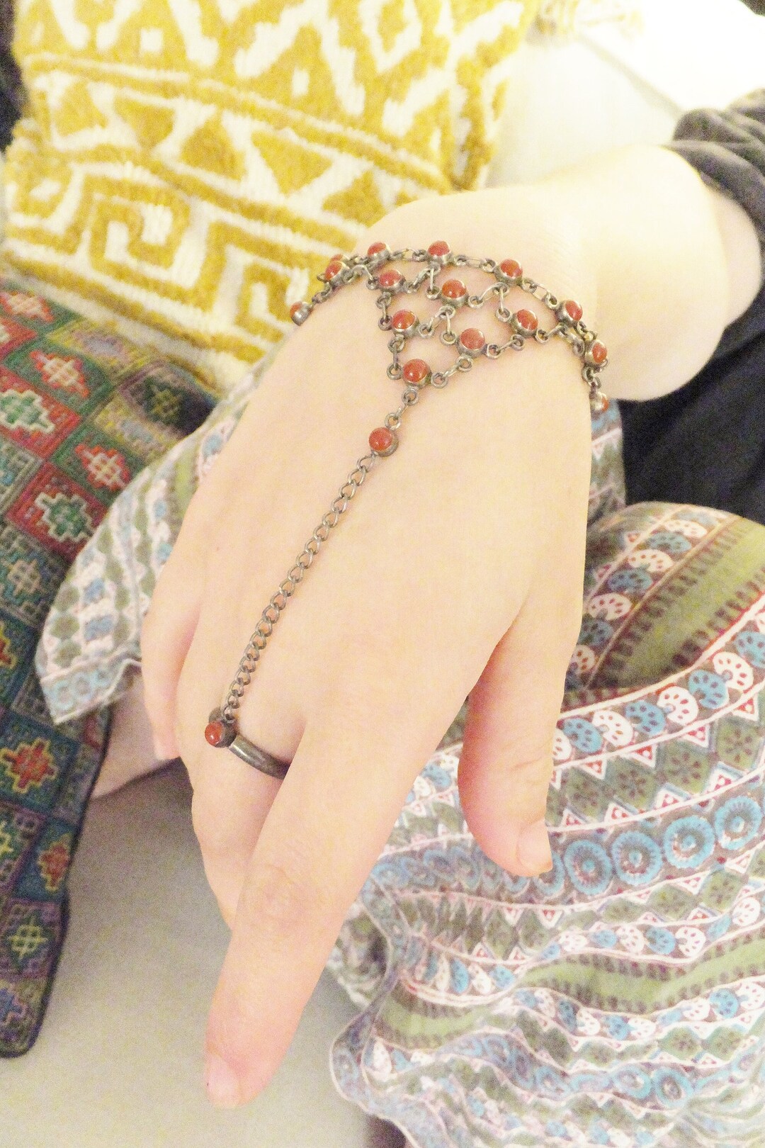 Carmine Enamel Hand Harness Silver Plated Beaded Slave Bracelet ...