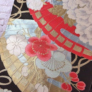 Japanese Fukuro Obi Sash Red, Gold, Black Large Floral Embroidered Obi ...