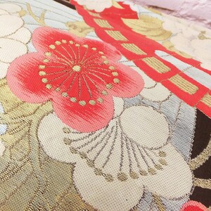 Japanese Fukuro Obi Sash Red, Gold, Black Large Floral Embroidered Obi ...