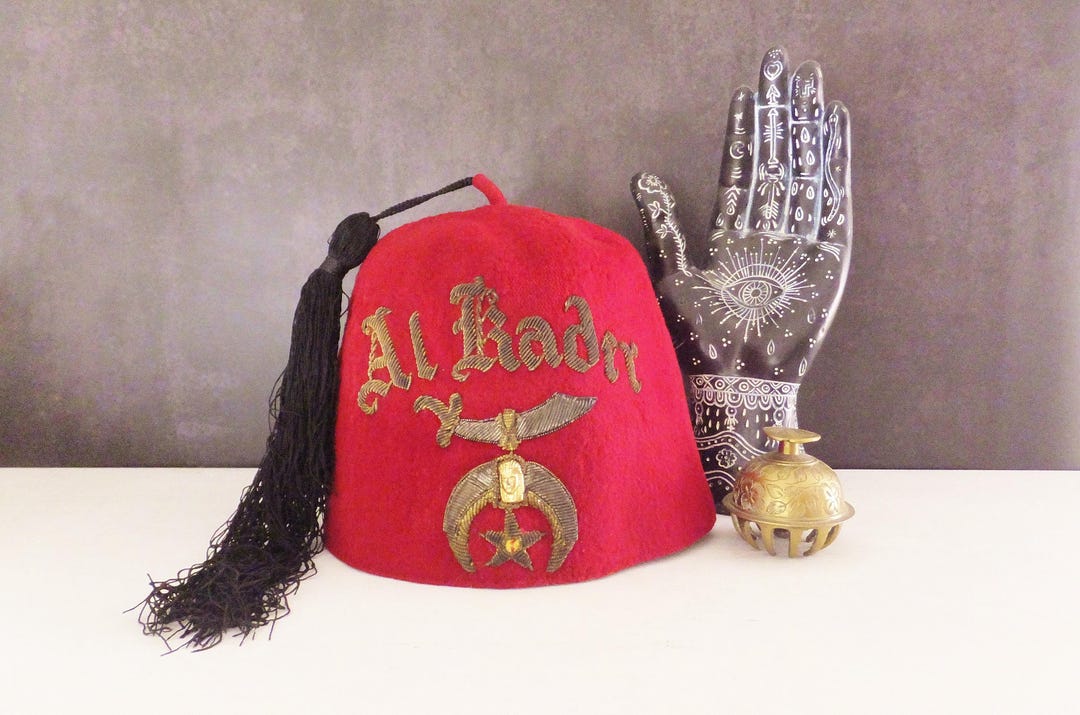 Red Shriner Fez Antique Wool Felt Hat Arabic Celestial Zardozi Gold ...