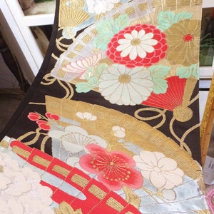 Japanese Fukuro Obi Sash Red, Gold, Black Large Floral Embroidered Obi ...