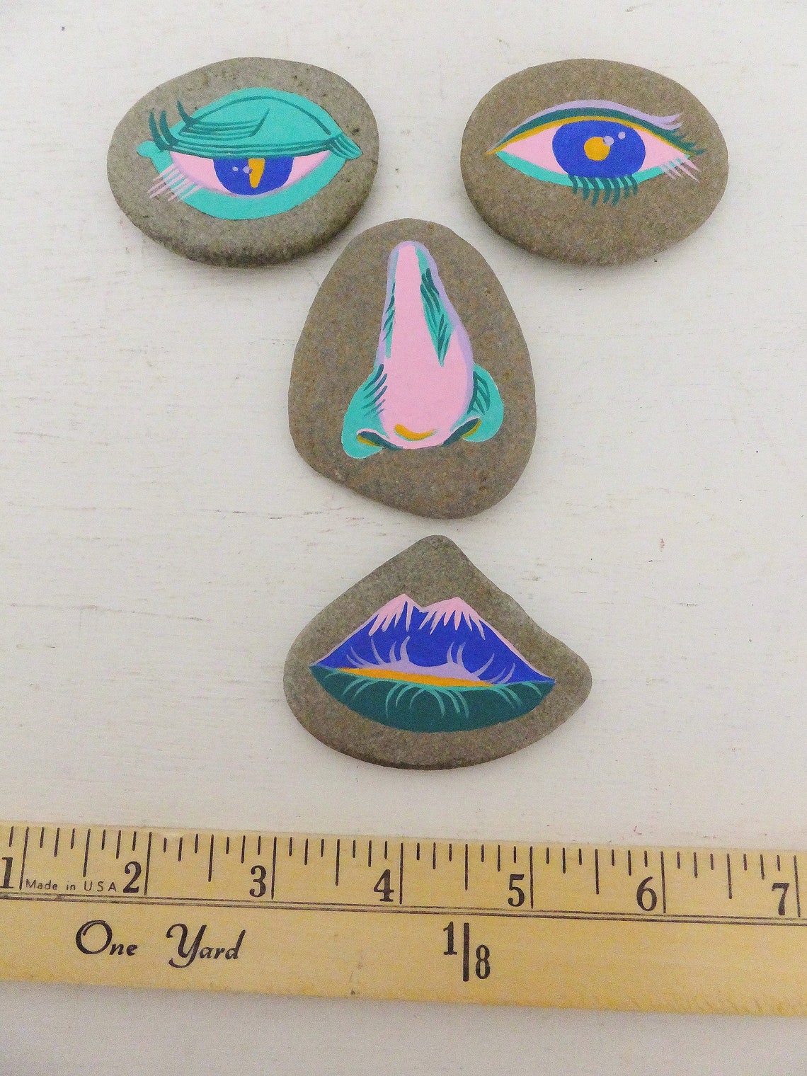 Modern Eye Nose & Mouth Rock Paintings Face Art Blue Pink | Etsy