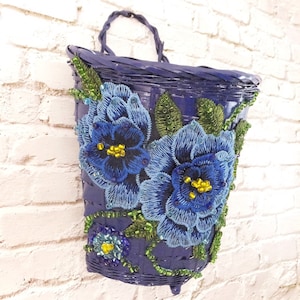 Blue Floral Basket Beaded Maximalist Wall Pocket Planter Basket Dark ...