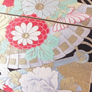 Japanese Fukuro Obi Sash Red, Gold, Black Large Floral Embroidered Obi ...