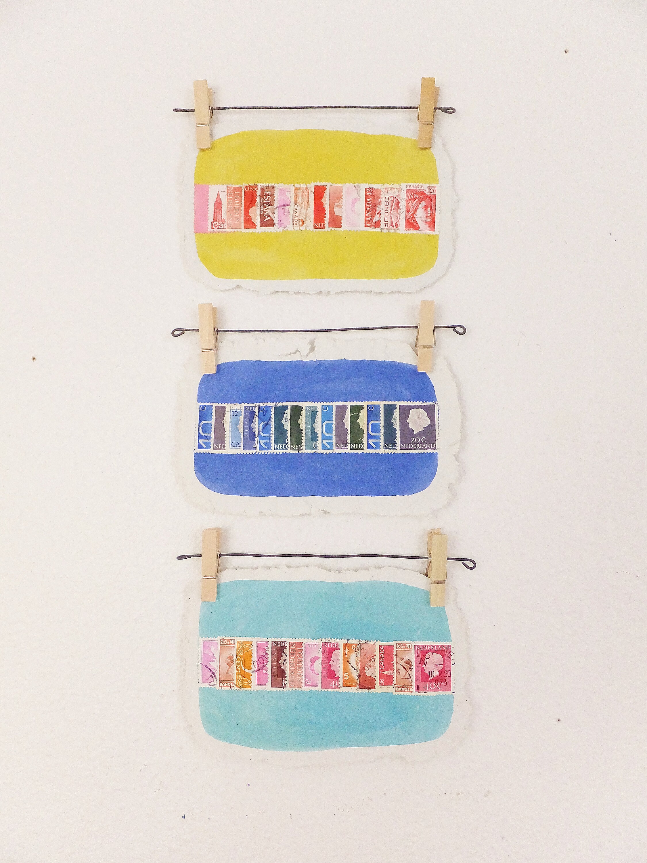 Colorful Fresh Postage Stamp Art Wall Hanging Trio Modern Art | Etsy
