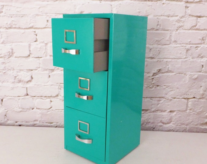 Mini File Cabinet Small Desk Organizer Index Card Holder Teal Aqua ...