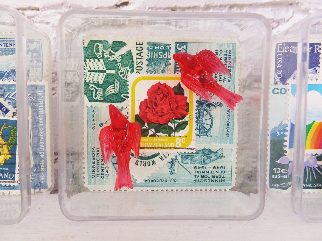 Small Art Shadow Boxes Mini Assemblage Collage Art Postage Stamp Art ...