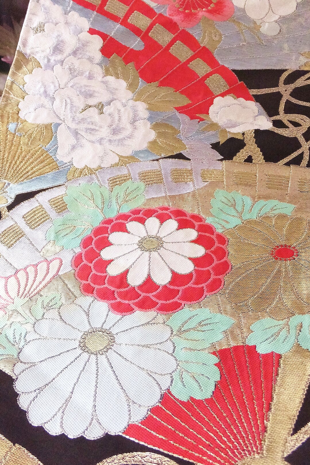 Japanese Fukuro Obi Sash Red, Gold, Black Large Floral Embroidered Obi ...
