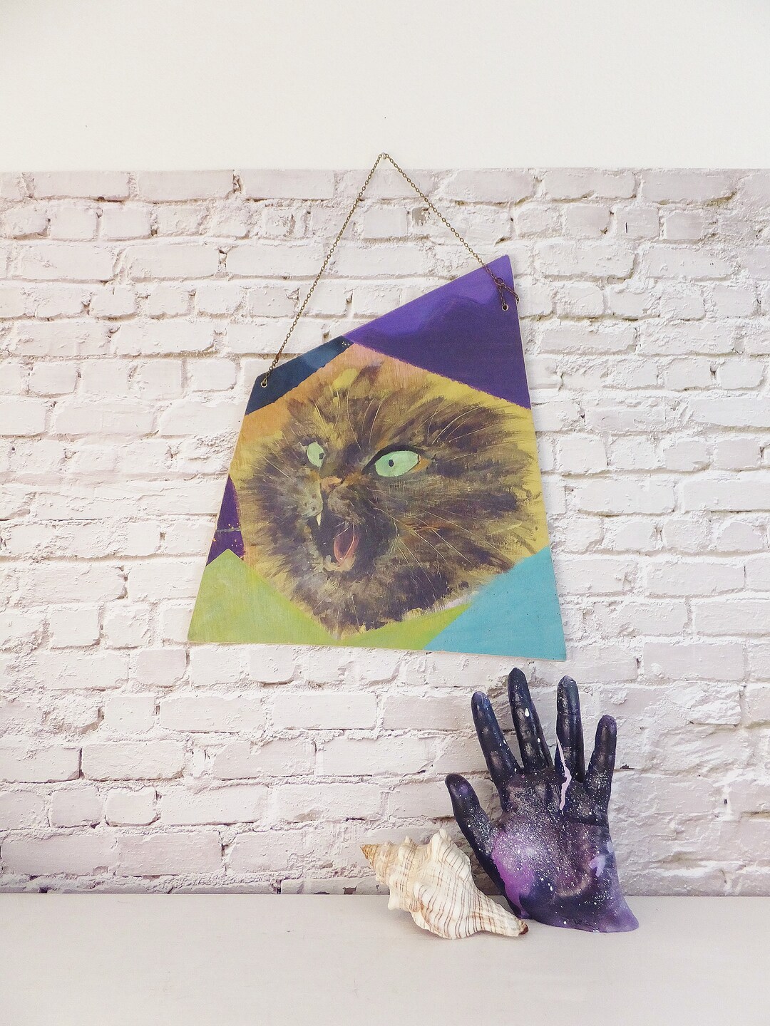 Modern Eclectic Cat Painting Upcycled Acrylic Painting Purple Lime ...