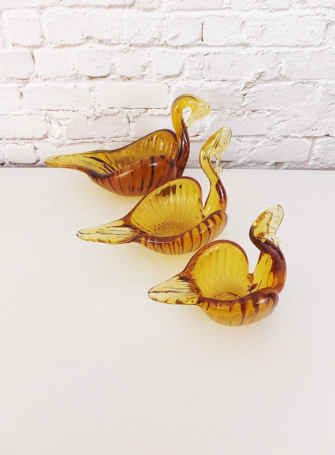 Set of 3 Vintage Amber Glass Swans Mid Century Nesting Swan Bowls Swan ...