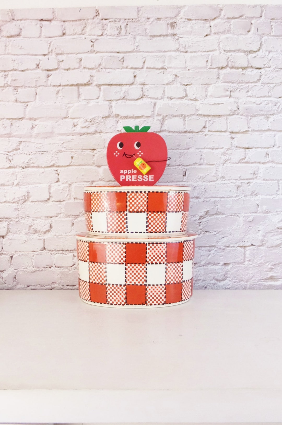 RARE Cute Kitchen Storage Canisters Red & White Gingham Print Ceramic ...