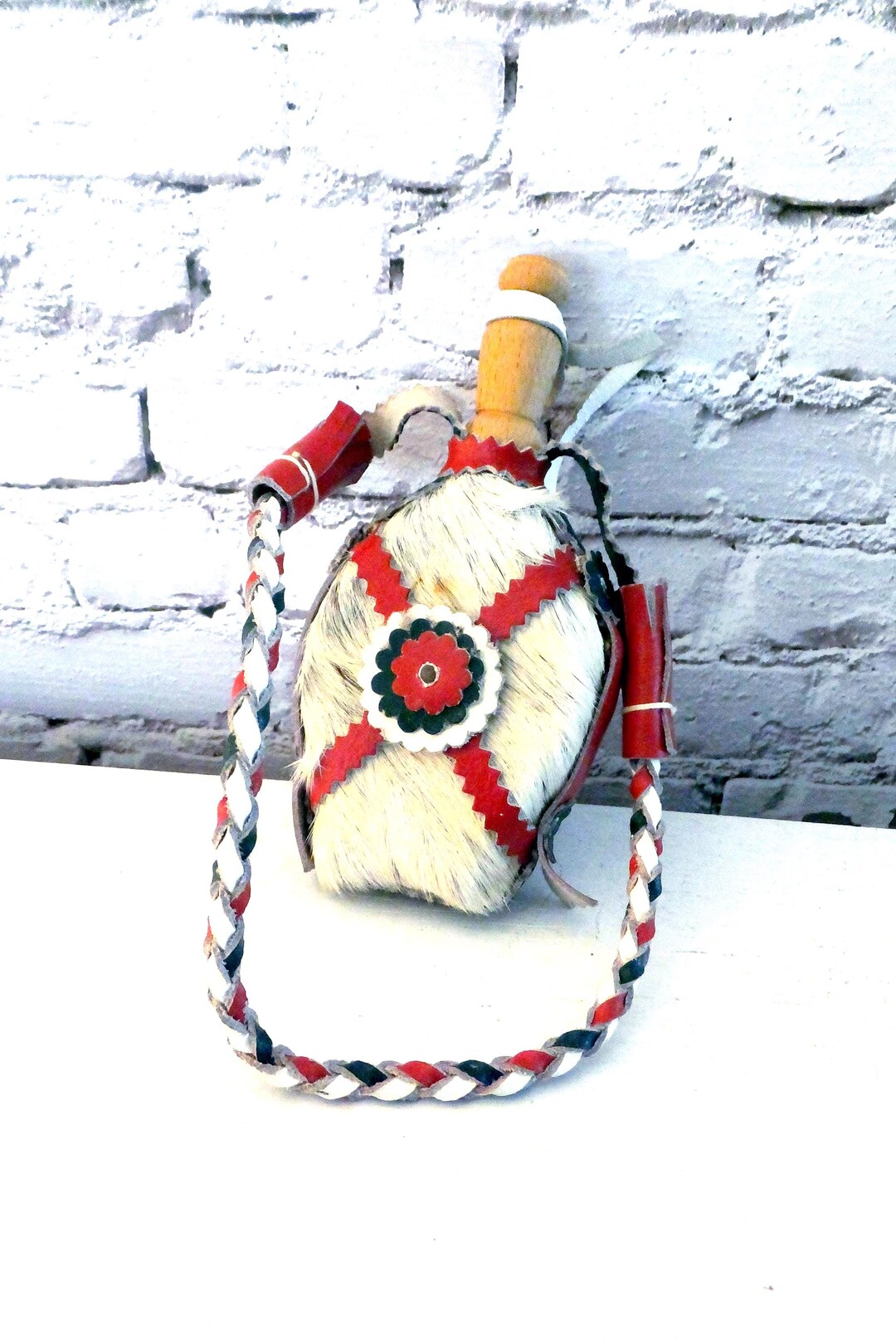 Bavarian Folk Art Bottle Ornament: Mid-century Leather & Fur Flask - Etsy