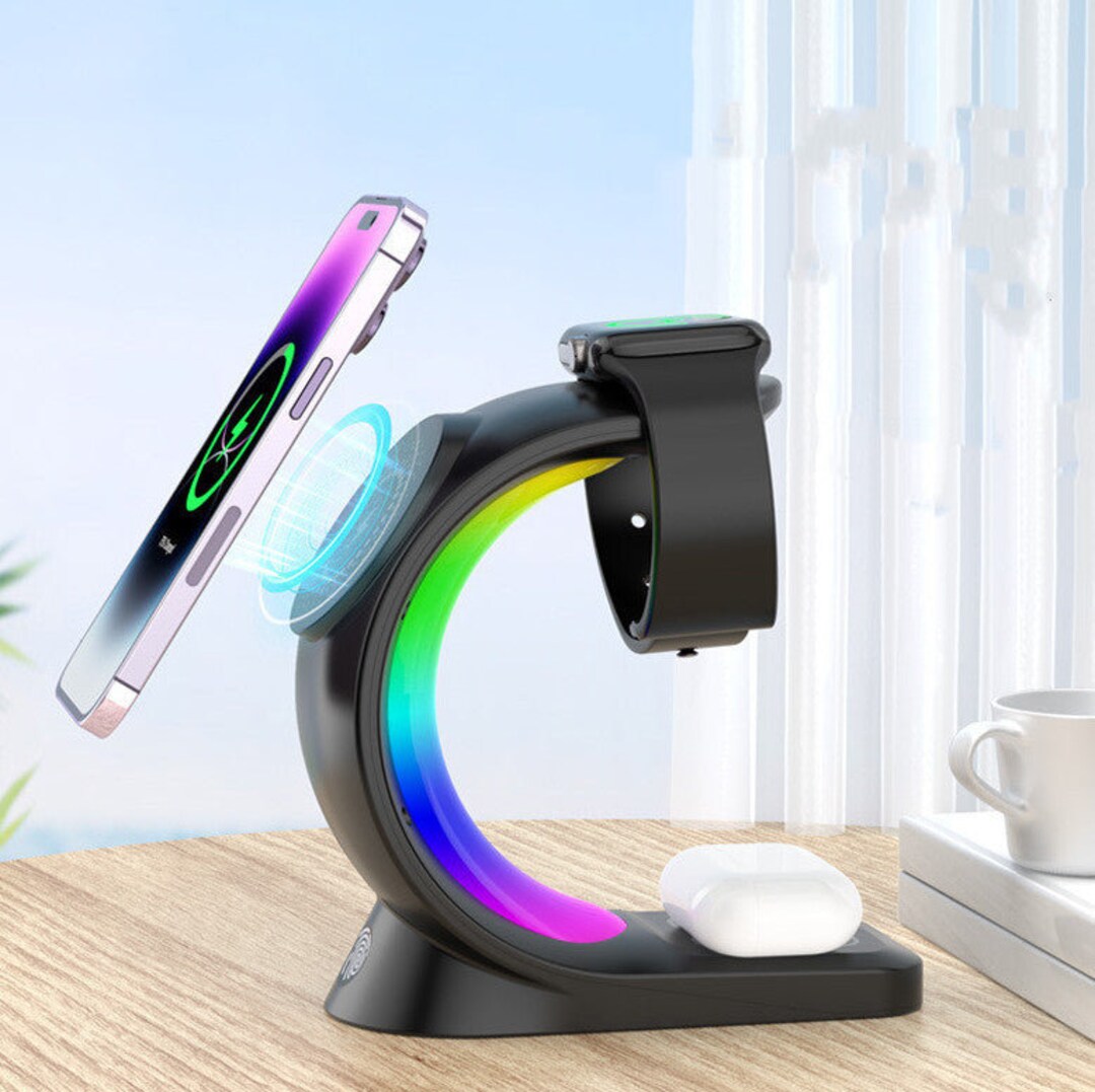 3 in 1 Magnetic Wireless Charging Station With Atmosphere Light - Etsy