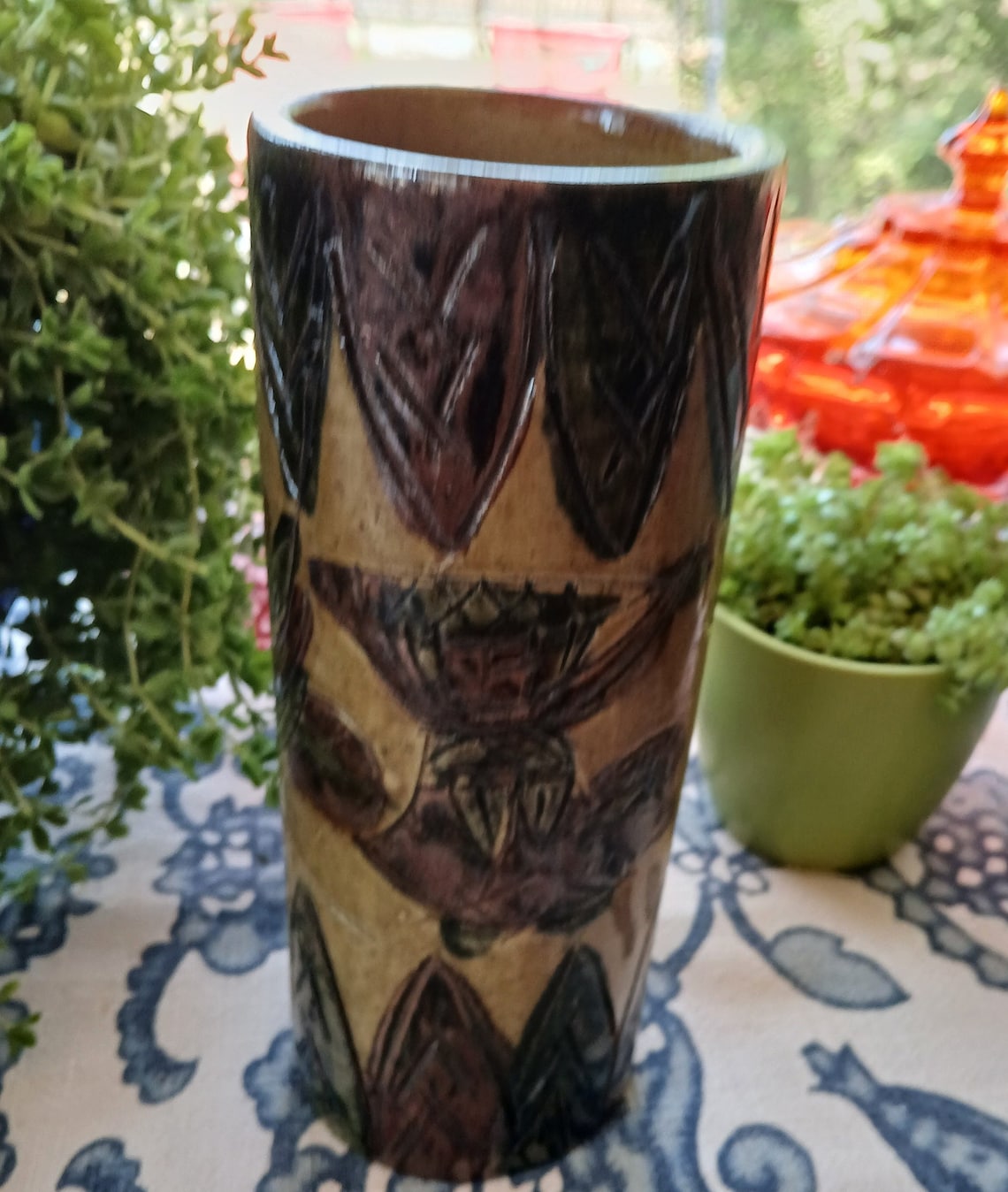 Vintage Japanese Incised Cylinder Vase - Etsy