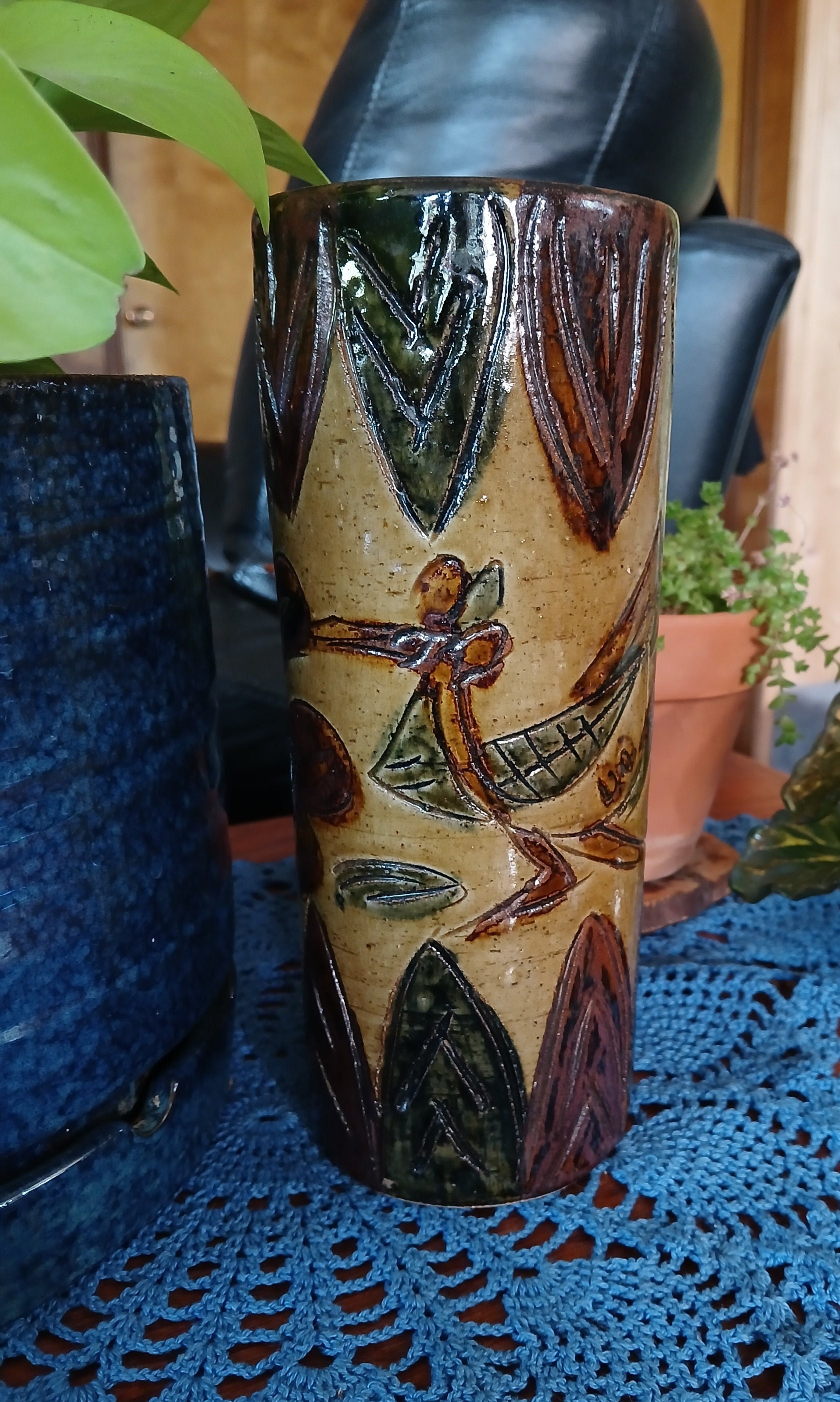 Vintage Japanese Incised Cylinder Vase - Etsy